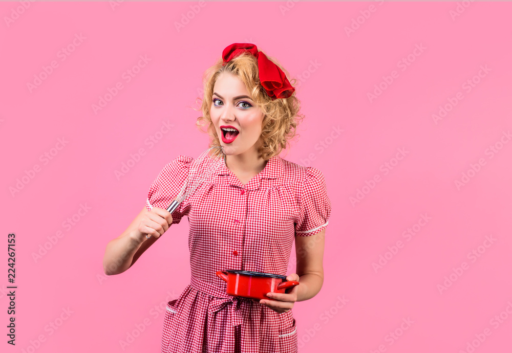 Beautiful girl in pin-up style with whisk. Cooking concept. Retro style ...