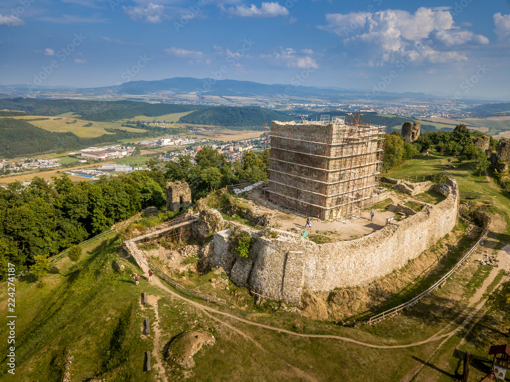 Aerial view of ruined medieval Saros castle with a donjon, walls ...
