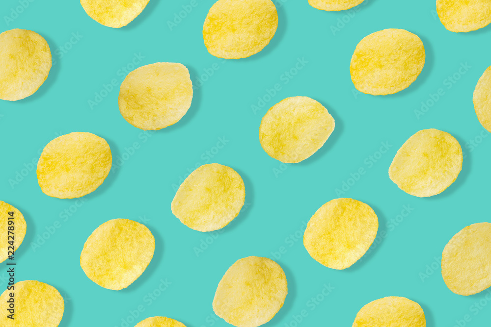 Potato chips pattern on pastel blue background top view flat lay Stock ...