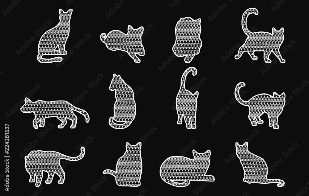 Set of cat lace vector on black background.Lace pattern silhouette by ...