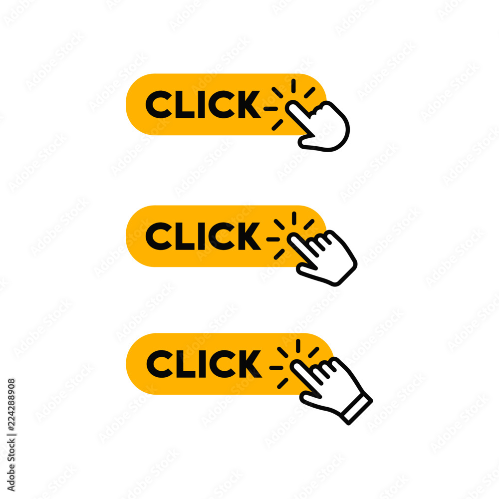 Click here buttons with hands clicking Stock Vector | Adobe Stock