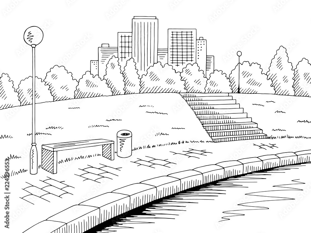 Park river graphic black white landscape sketch illustration vector ...