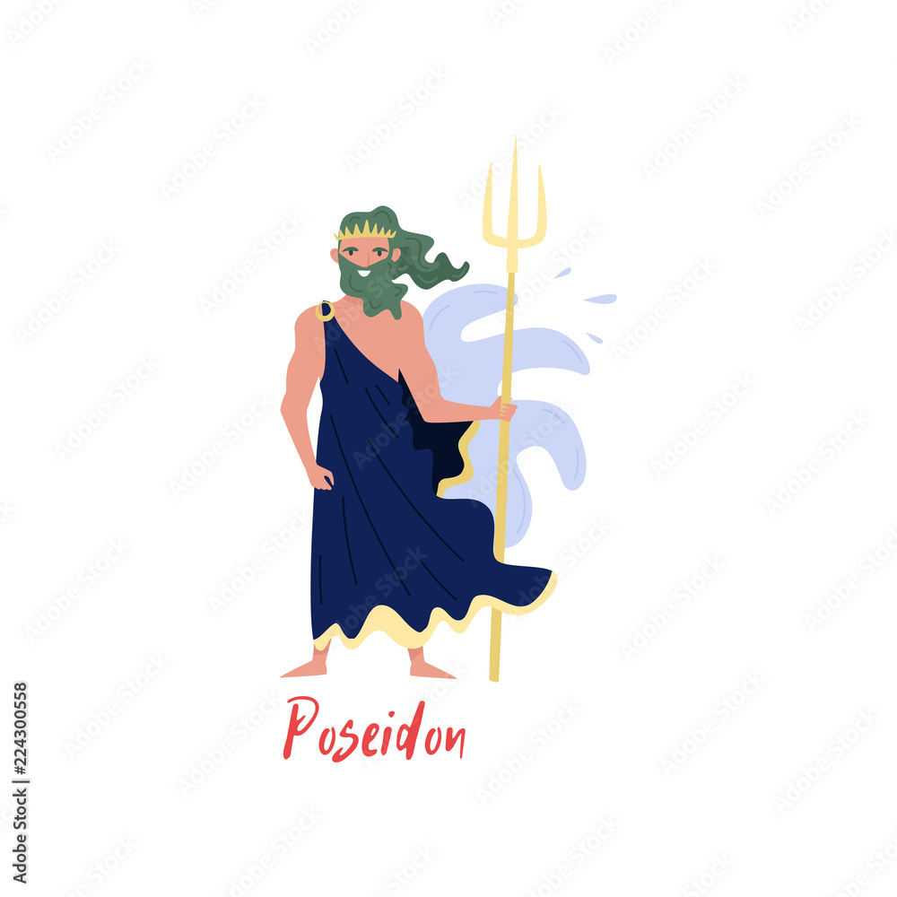Poseidon Olympian Greek God, ancient Greece myths cartoon character ...