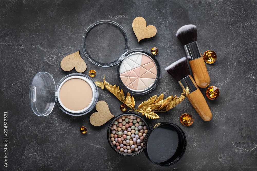 Set of cosmetics with hearts and crystals on dark background Stock ...