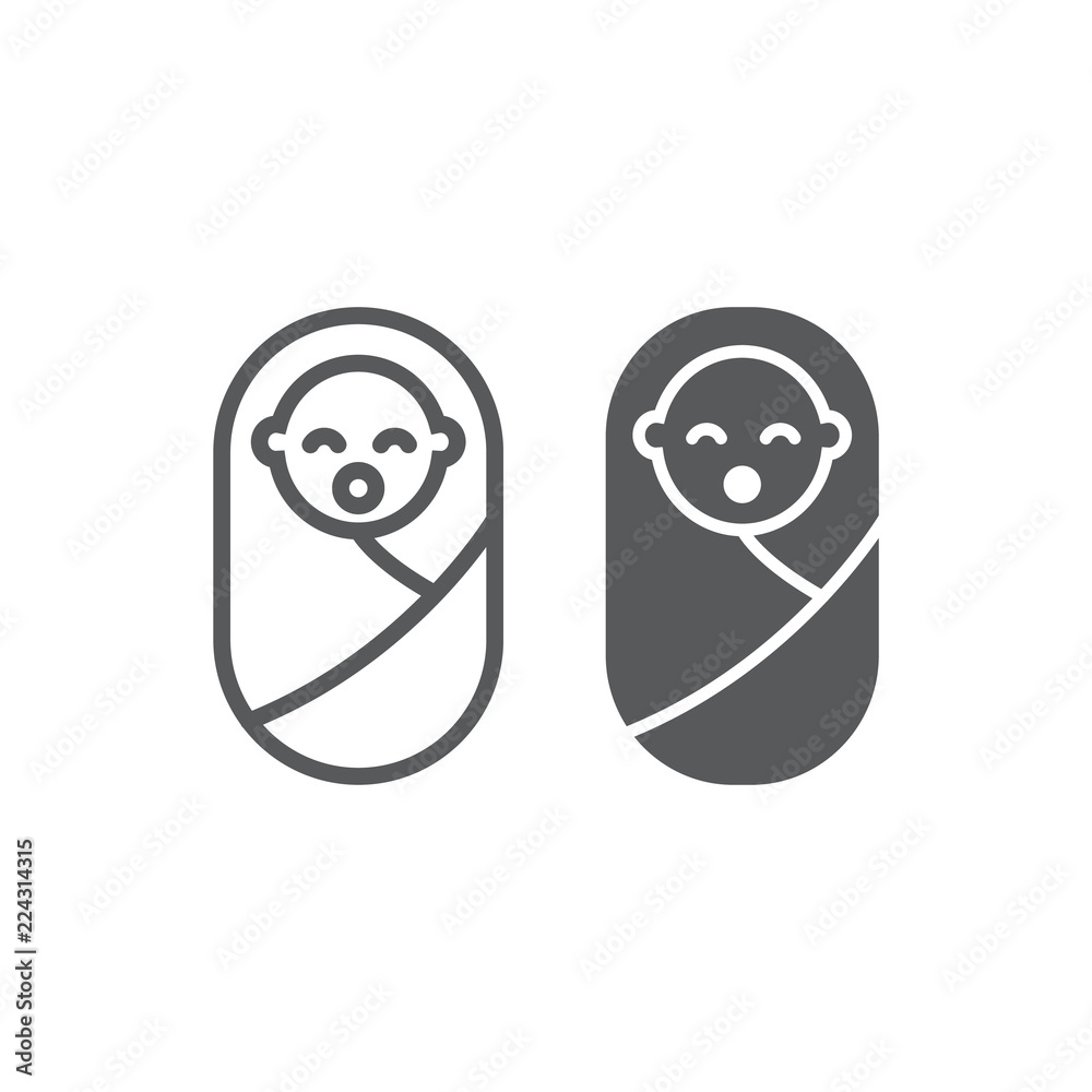 New born baby line and glyph icon, child and newborn, toddler sign ...