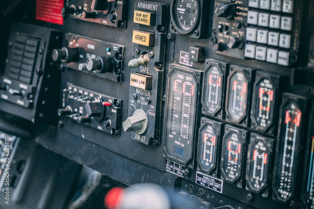Helicopter cockpit. Details of dashboard, control panel, indicators and ...
