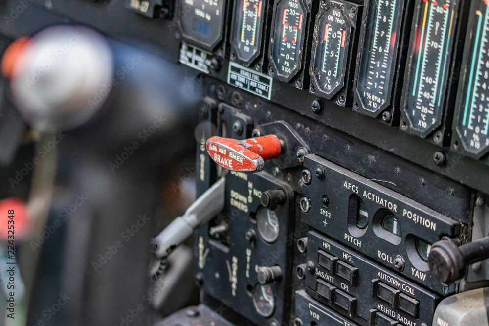 Helicopter cockpit. Details of dashboard, control panel, indicators and ...