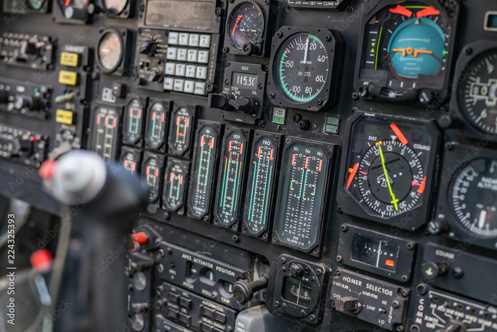Helicopter cockpit. Details of dashboard, control panel, indicators and ...