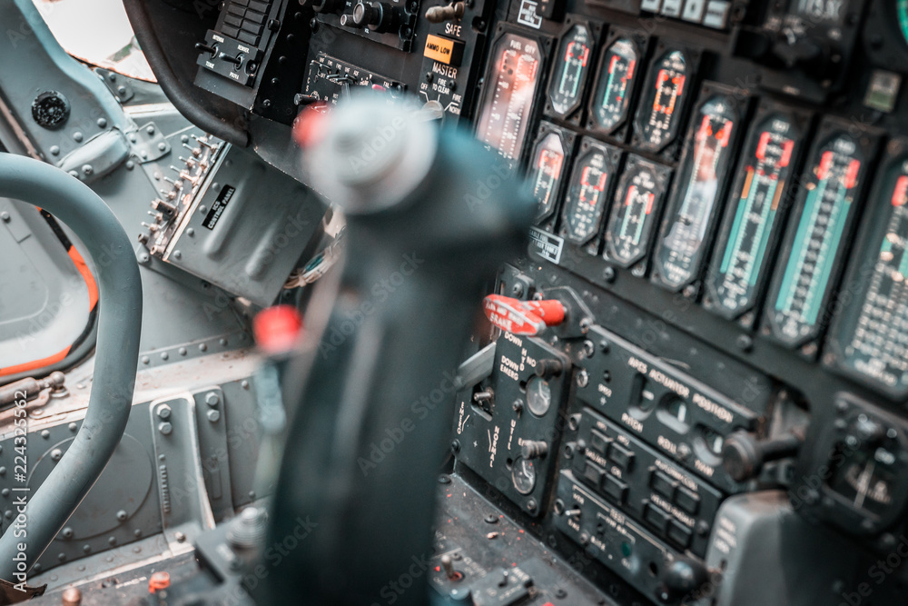 Helicopter cockpit. Details of dashboard, control panel, indicators and ...