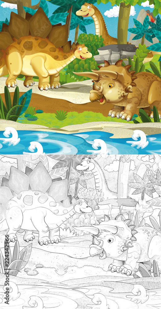 cartoon scene with dinosaurs in the jungle - with coloring page ...