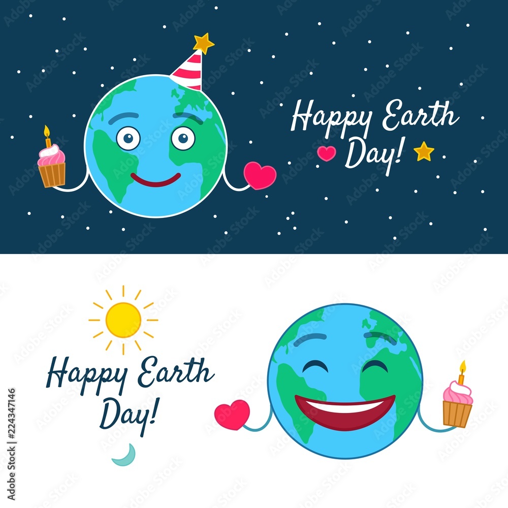 Happy Earth day cards with funny globe emoticons. Earth planet in party ...
