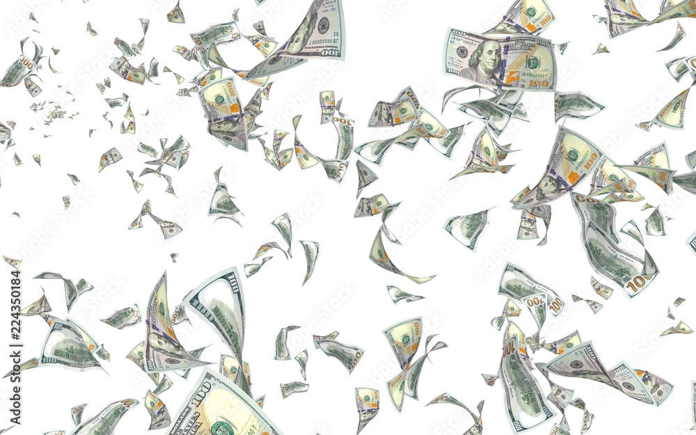 Flying dollars banknotes isolated on a white background. Money is ...
