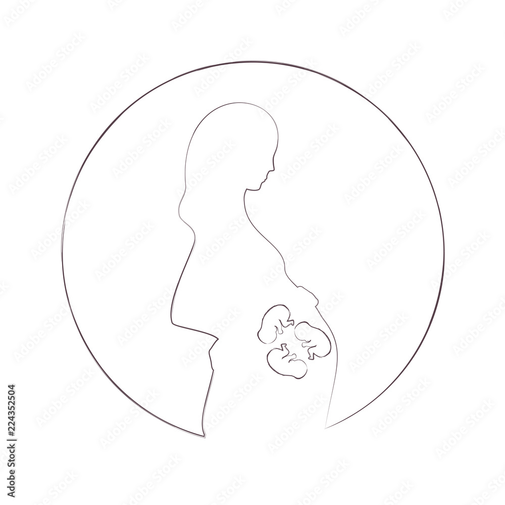 Expecting pregnant mother, triplets. Black outline, white background ...