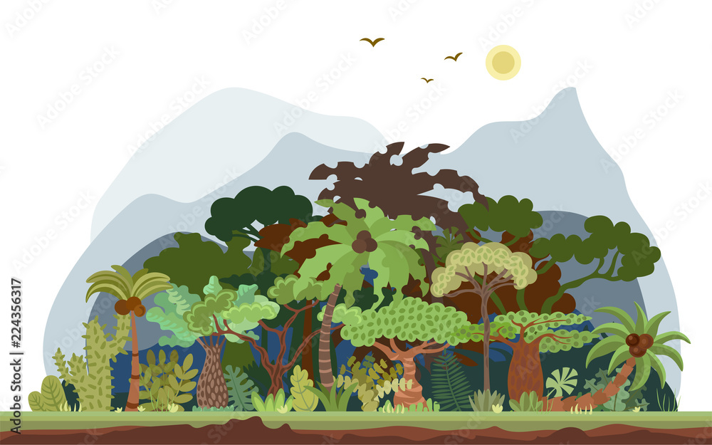 Vector tropical rainforest landscape with palms and other tropical ...