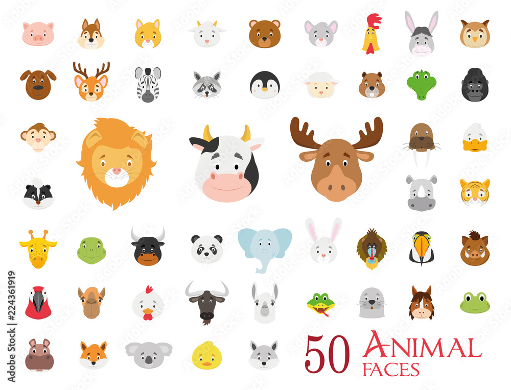 Set of 50 Animal Faces in cartoon style Stock Vector | Adobe Stock