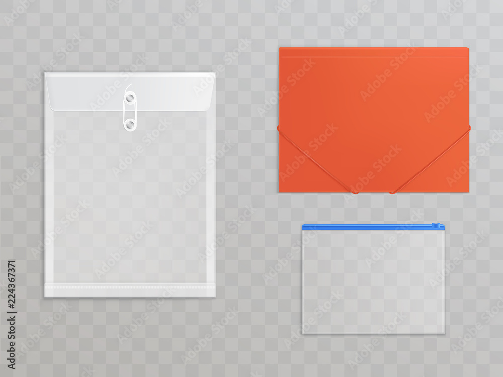 Vector transparent plastic files - set of office supplies. Cellophane ...