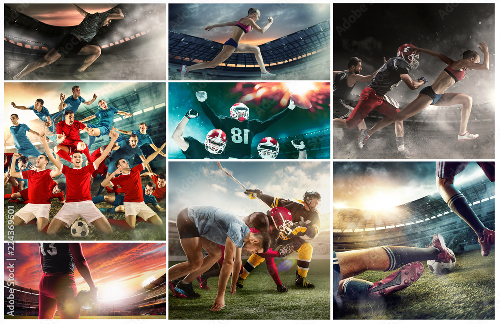 Irresistible in attack. Multi sports collage about soccer, American ...