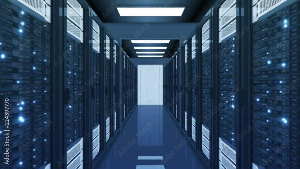 Beautiful Blue Datacenter Server Room Flying Through. Abstract 3d ...
