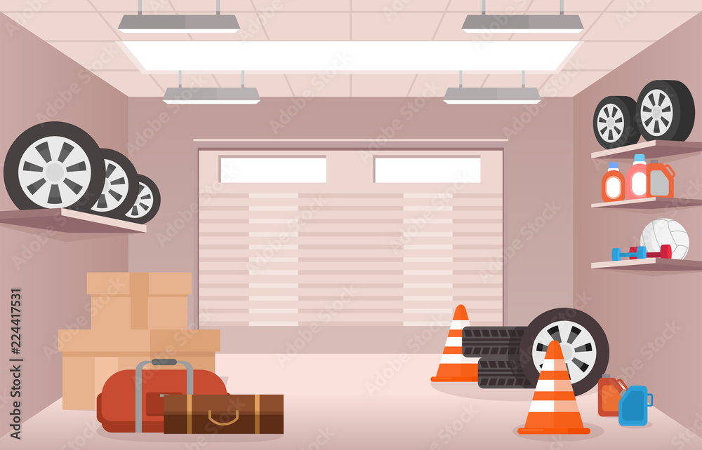 Vector illustration of empty garage interior, with some boxes, tires ...