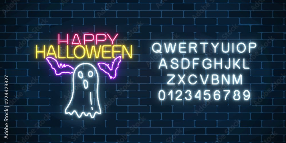 Glowing neon sign of halloween banner design with ghost silhouette ...