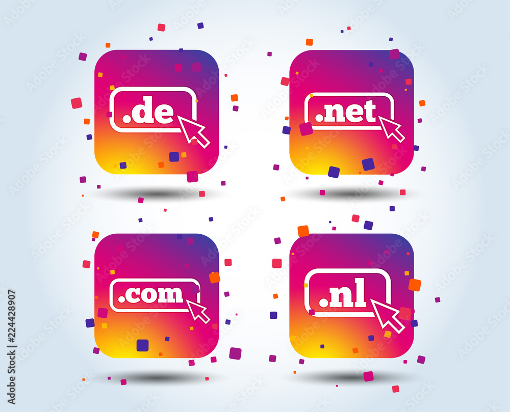 Top-level internet domain icons. De, Com, Net and Nl symbols with cursor pointer. Unique ...