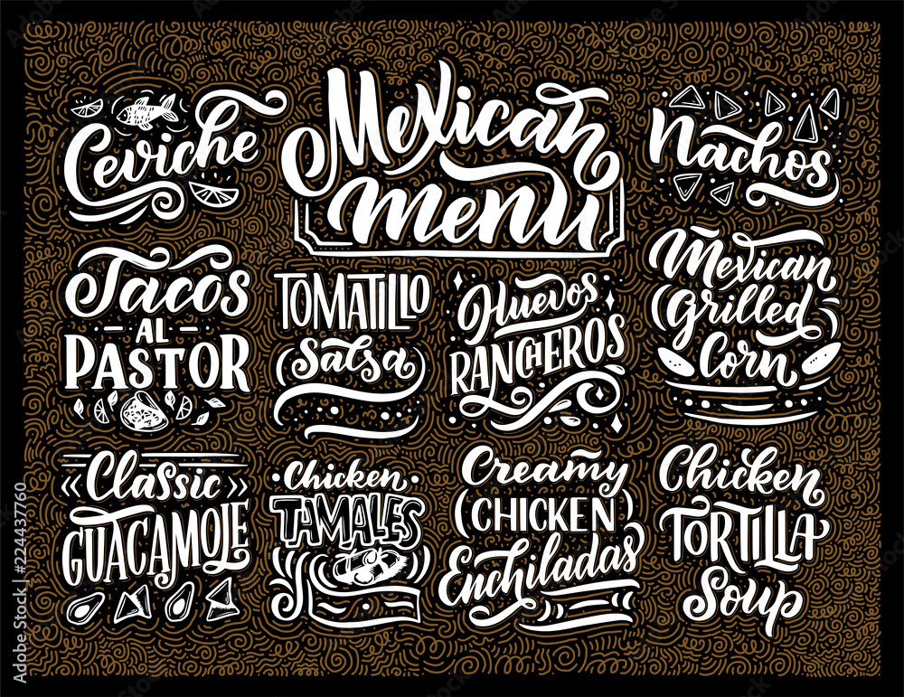 Mexican Menu lettering with traditional food names Guacamole, Enchilada ...