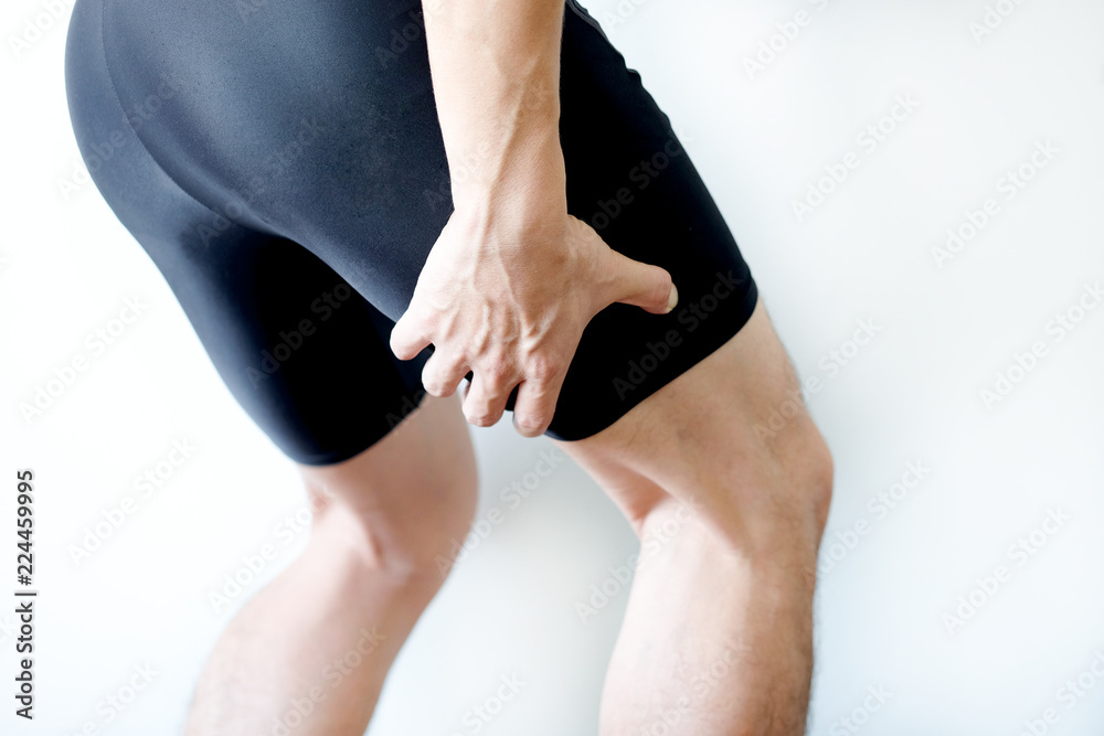 Male running sport injury. athlete jogger man massaging leg muscle and ...