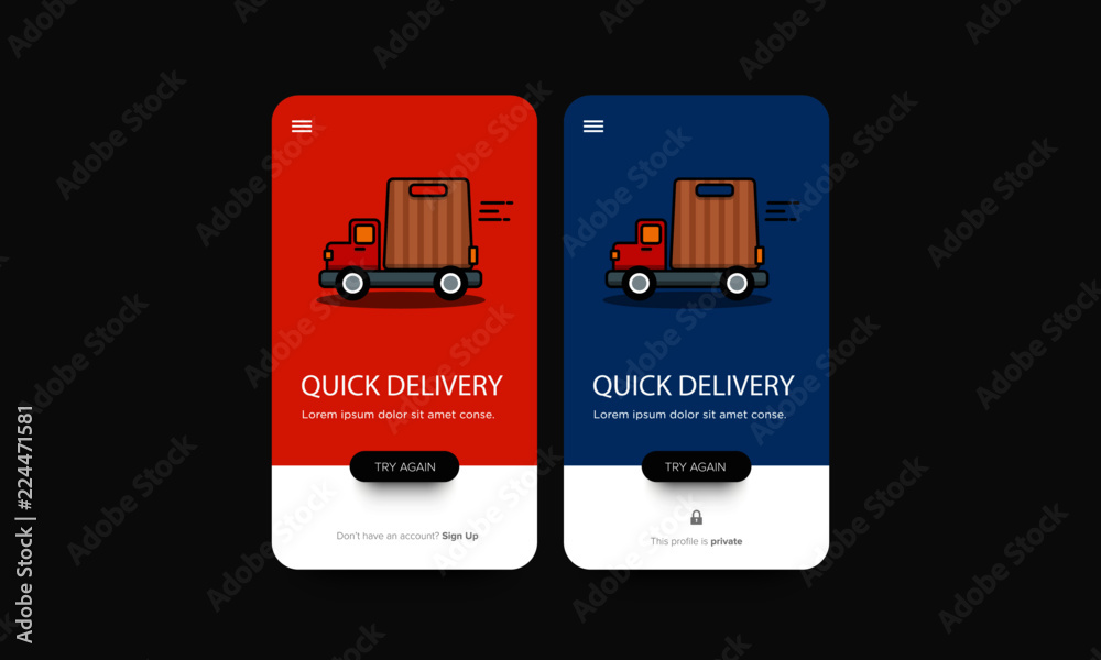 Fast Home Delivery UX UI Screen with Truck and Bag Vector Illustration ...