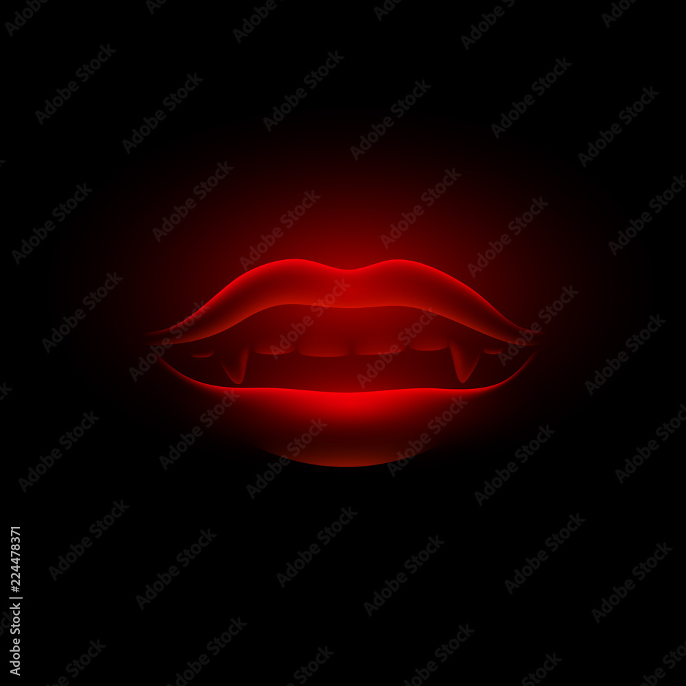 Red neon and glowing vampire mouth on a black background. Vector ...