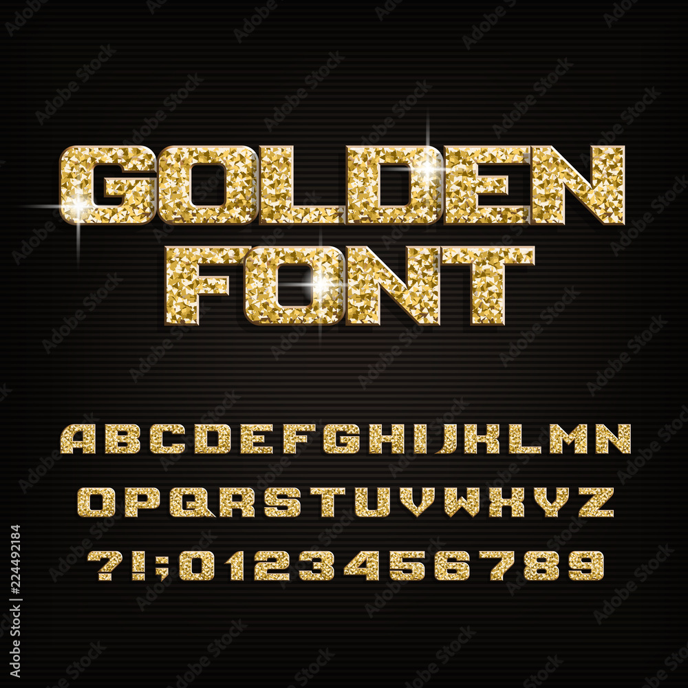 Golden alphabet font. Metal glitter shiny letters, numbers and symbols ...