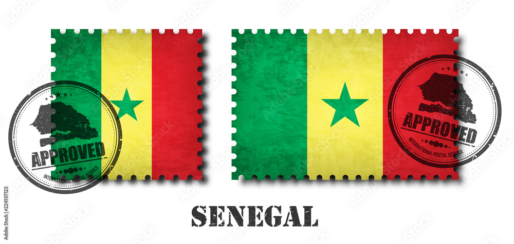 Senegal or senegalese flag pattern postage stamp with grunge old ...