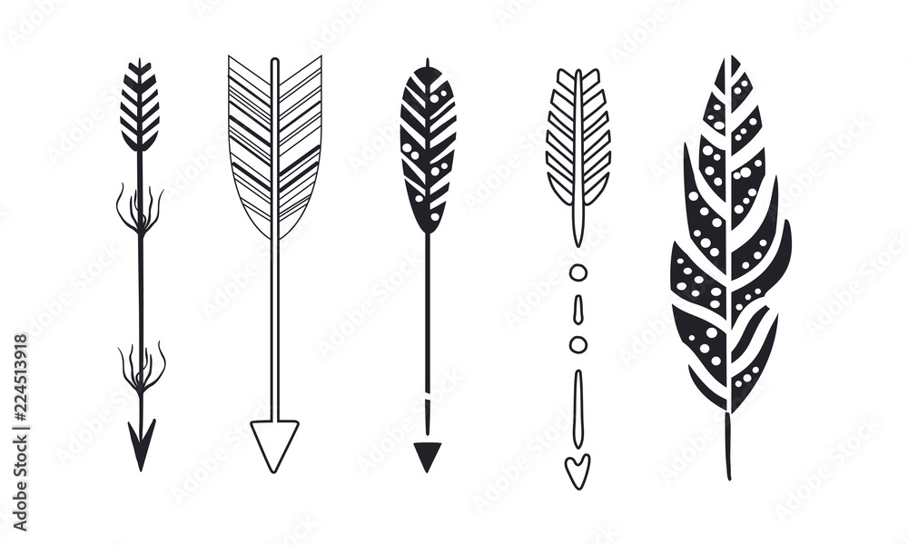 Tribal arrows set, black decorative arrows and feathers vector ...