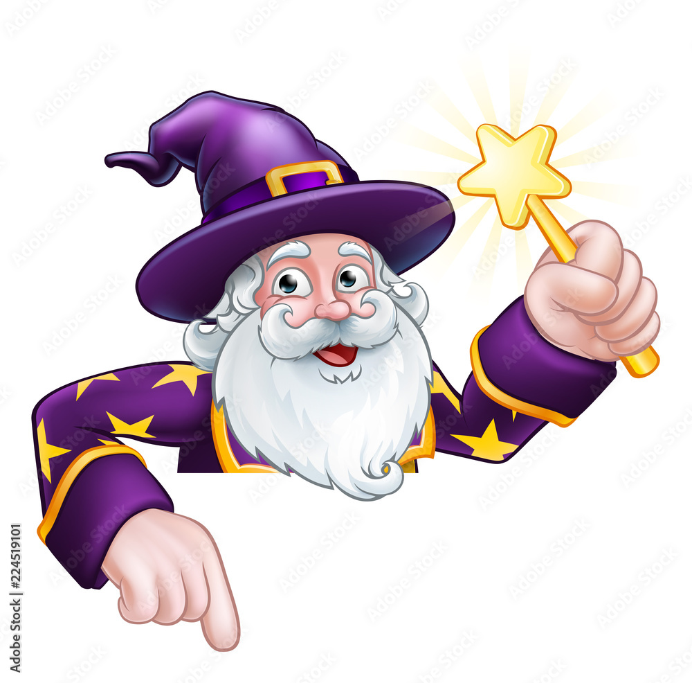 A wizard merlin magician Halloween cartoon character peeking over a ...
