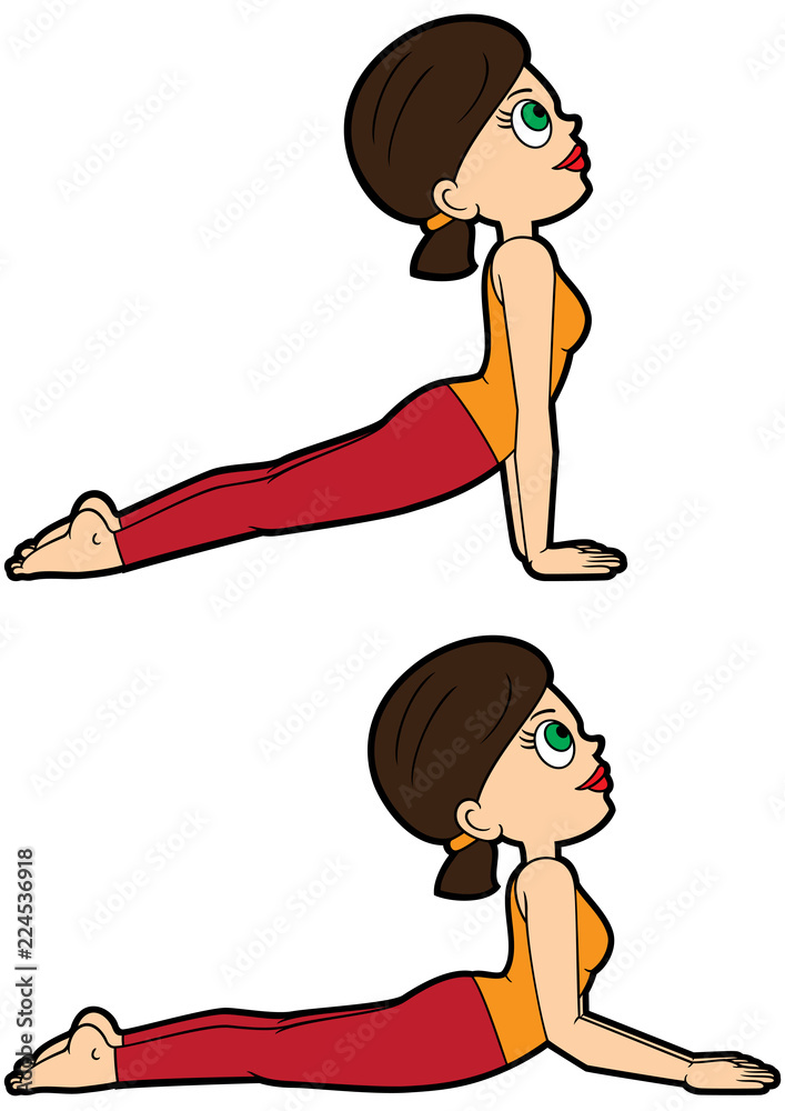 Yoga asana set upward-facing dog & cobra poses/ Illustration cartoon ...