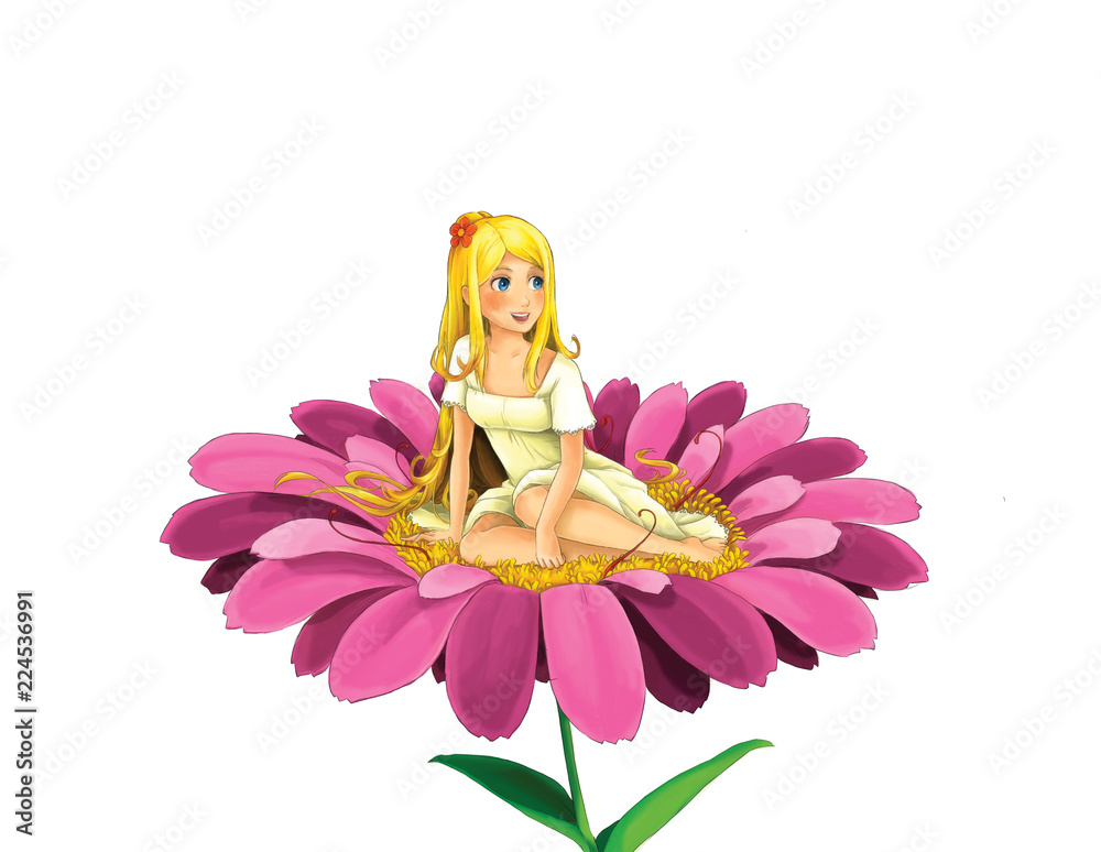 cartoon scene with beautiful young elf girl sitting on big flower on ...
