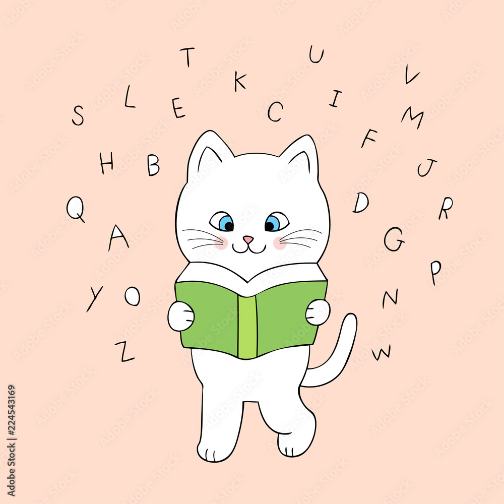 Cartoon cute cat reading book vector. Stock Vector | Adobe Stock