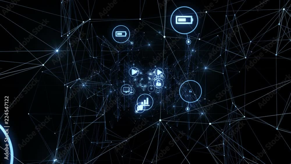 Icons Moving in Abstract Network Grid with Glowing Lights. Beautiful ...