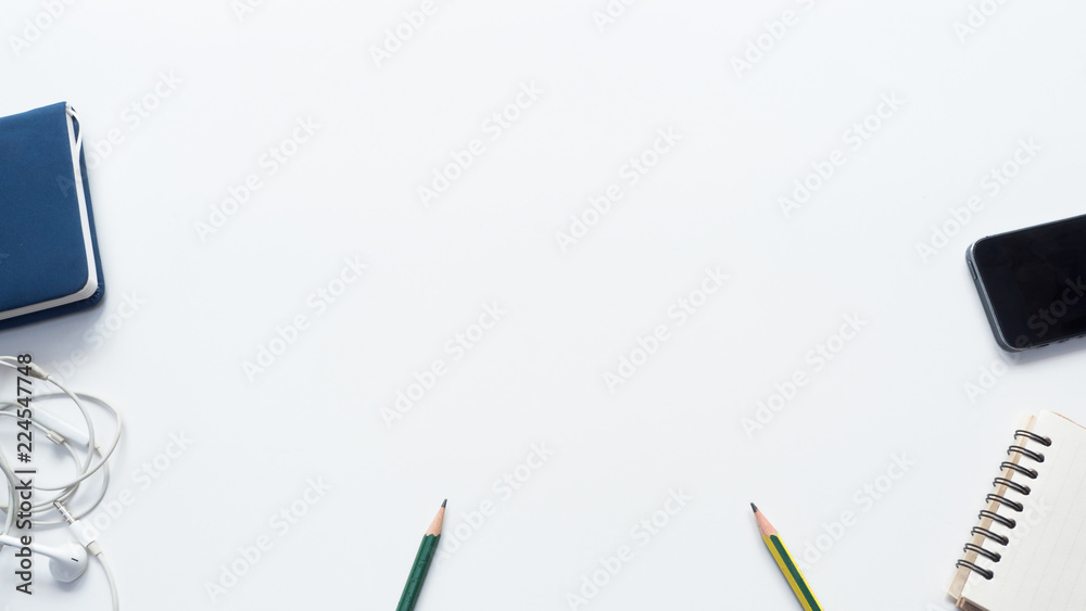 Office desk table Top view smart phone with notebook copy space Stock ...