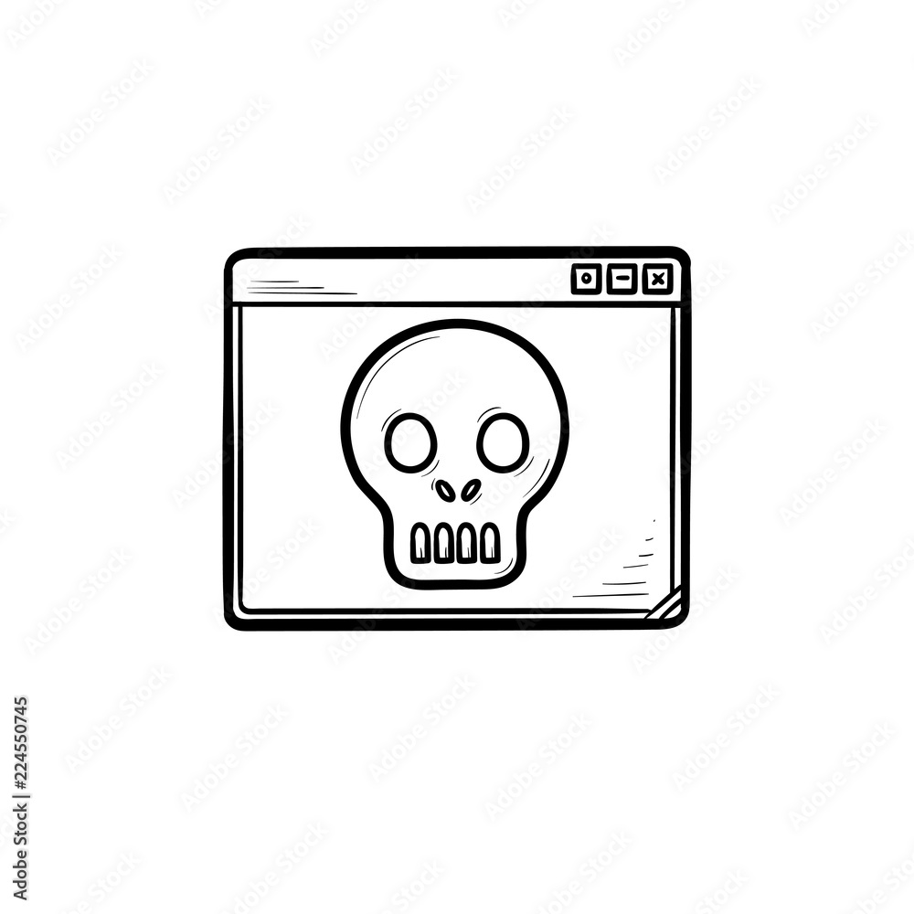 Computer window with scull hand drawn outline doodle icon. Computer ...