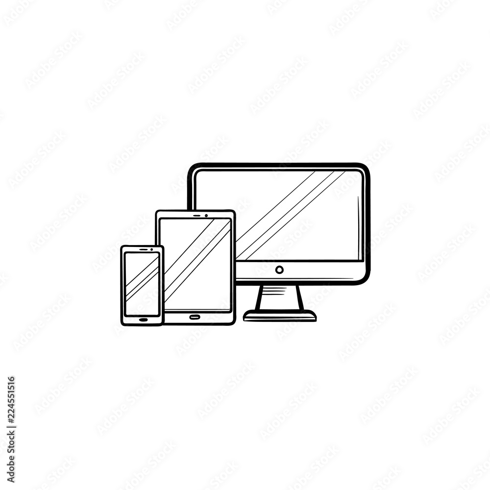 Smartphone, tablet and monitor hand drawn outline doodle icon. Modern ...