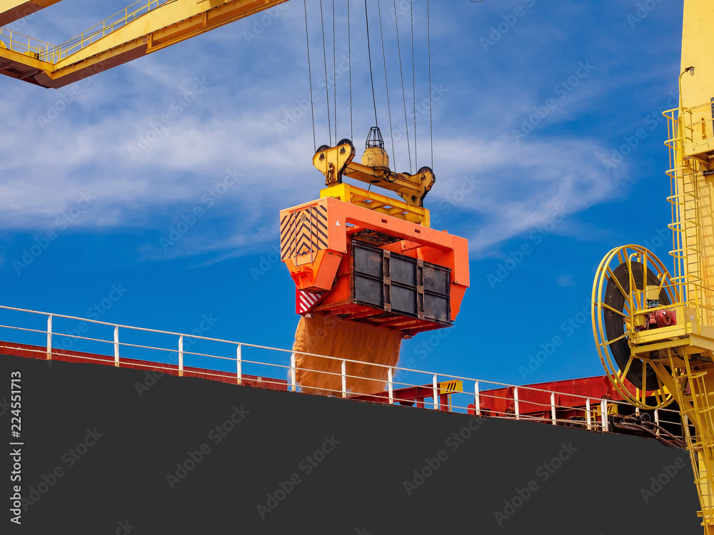 Raw sugar bulk is loading in hold's vessel by roll trainer. Stock Photo ...