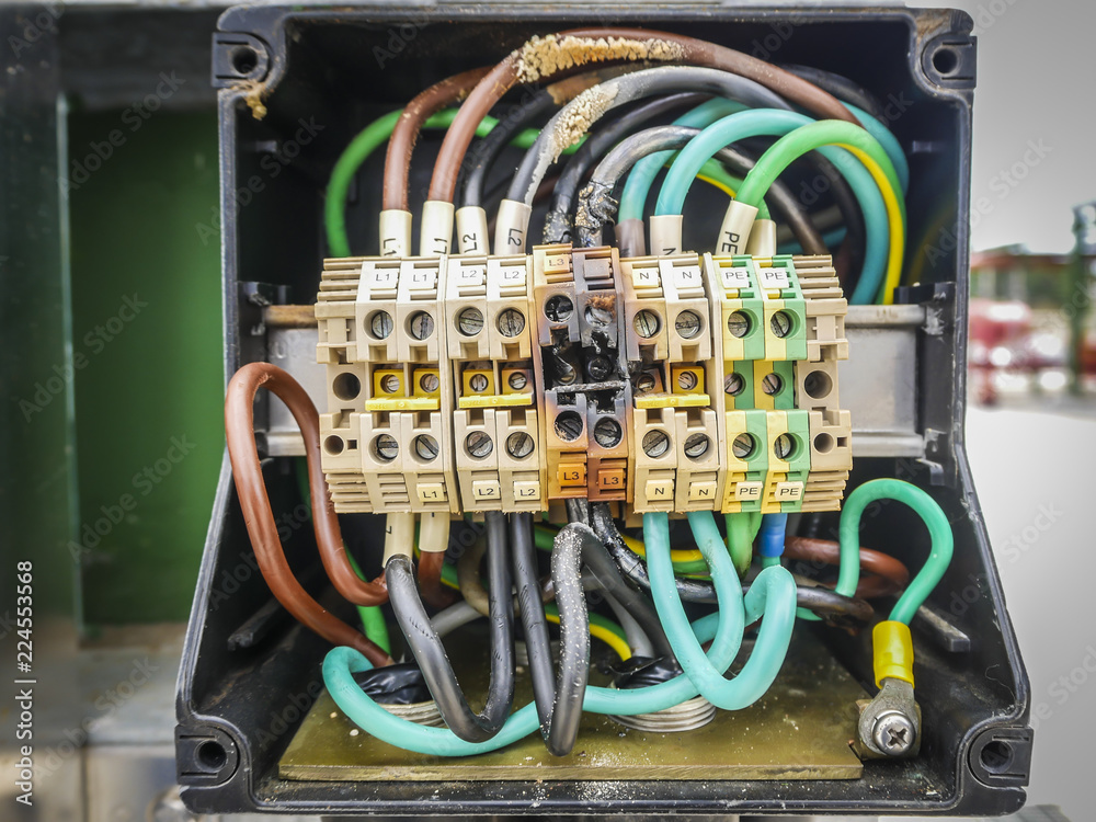 Electrical power cable and terminal short circuit Stock Photo | Adobe Stock