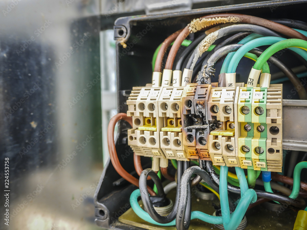 Electrical power cable and terminal short circuit Stock Photo | Adobe Stock