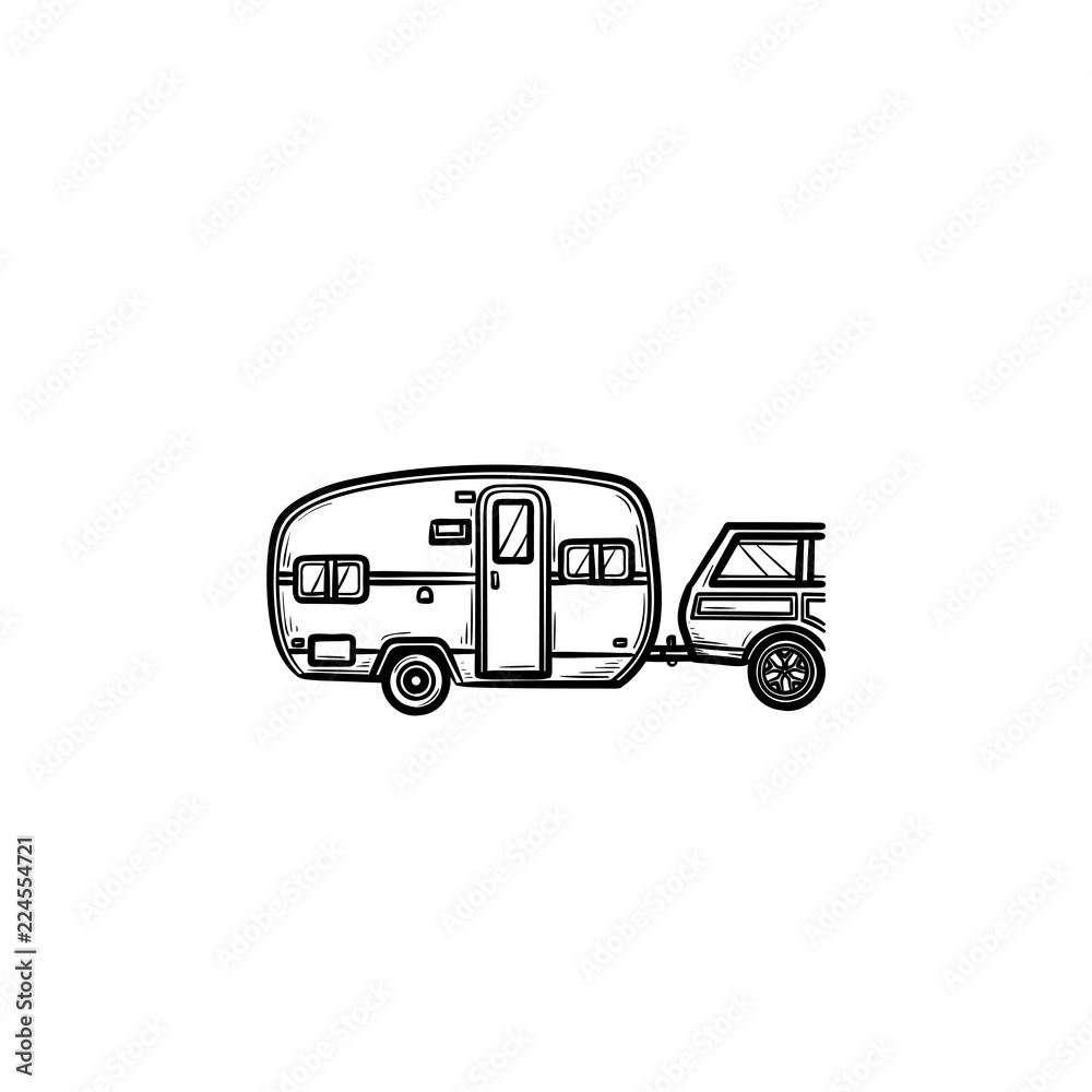 Vecteur Stock Camper and car hand drawn outline doodle icon. Caravan ...