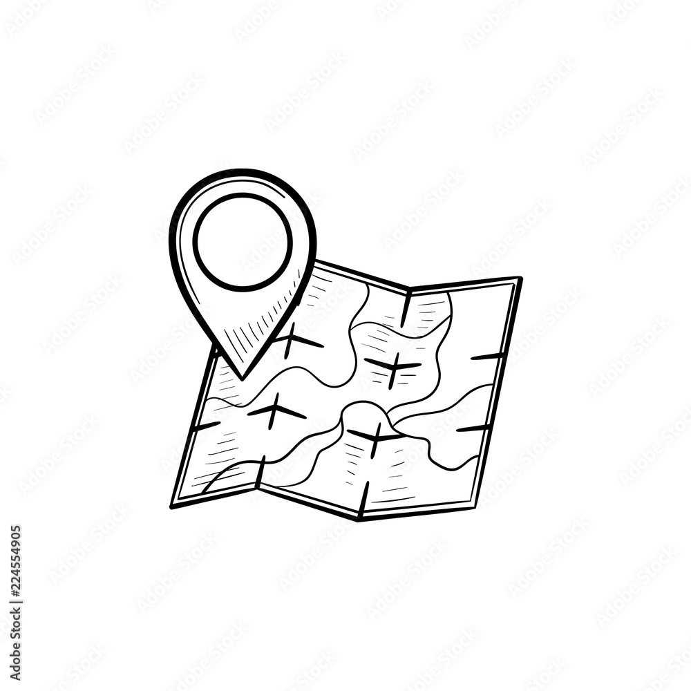 Map with location pin hand drawn outline doodle icon. Direction and ...