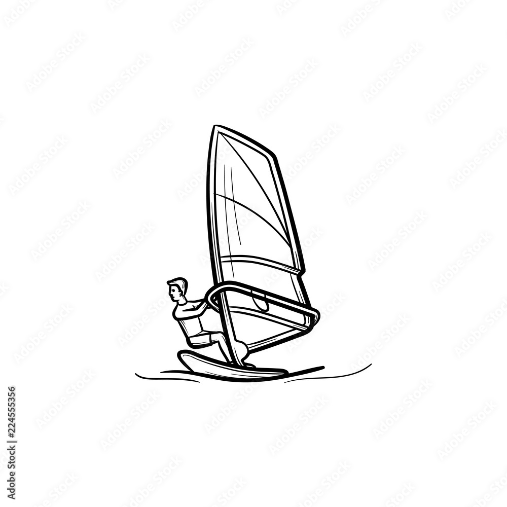 Windsurfing man hand drawn outline doodle icon.Windsurfer and sea ...