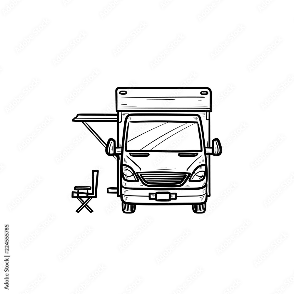Motorhome with tent hand drawn outline doodle icon. Caravan and ...