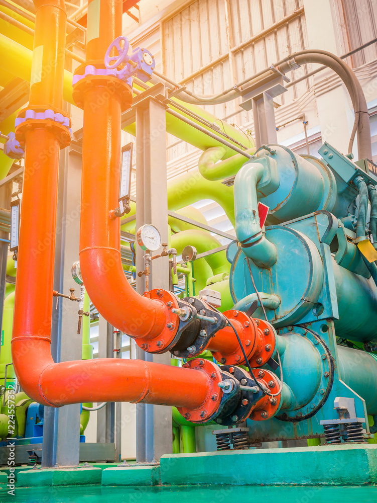 Colorful of Pipe and equipment of chiller package Stock Photo | Adobe Stock