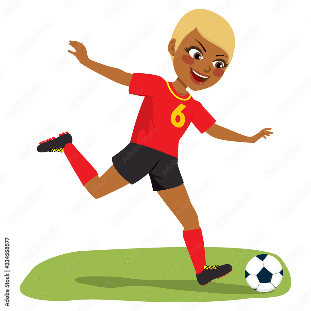 Young beautiful black soccer player girl playing football with black ...