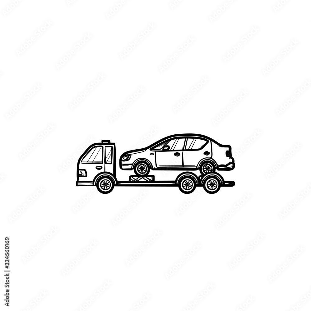Tow truck with broken car hand drawn outline doodle icon. Roadside ...